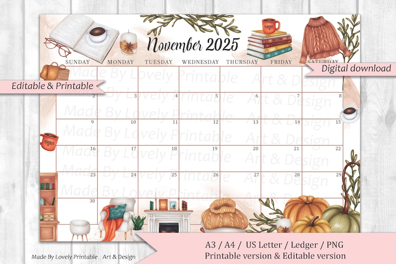 EDITABLE November 2025 Calendar, Cozy Autumn Mood, Beautiful Fall ...