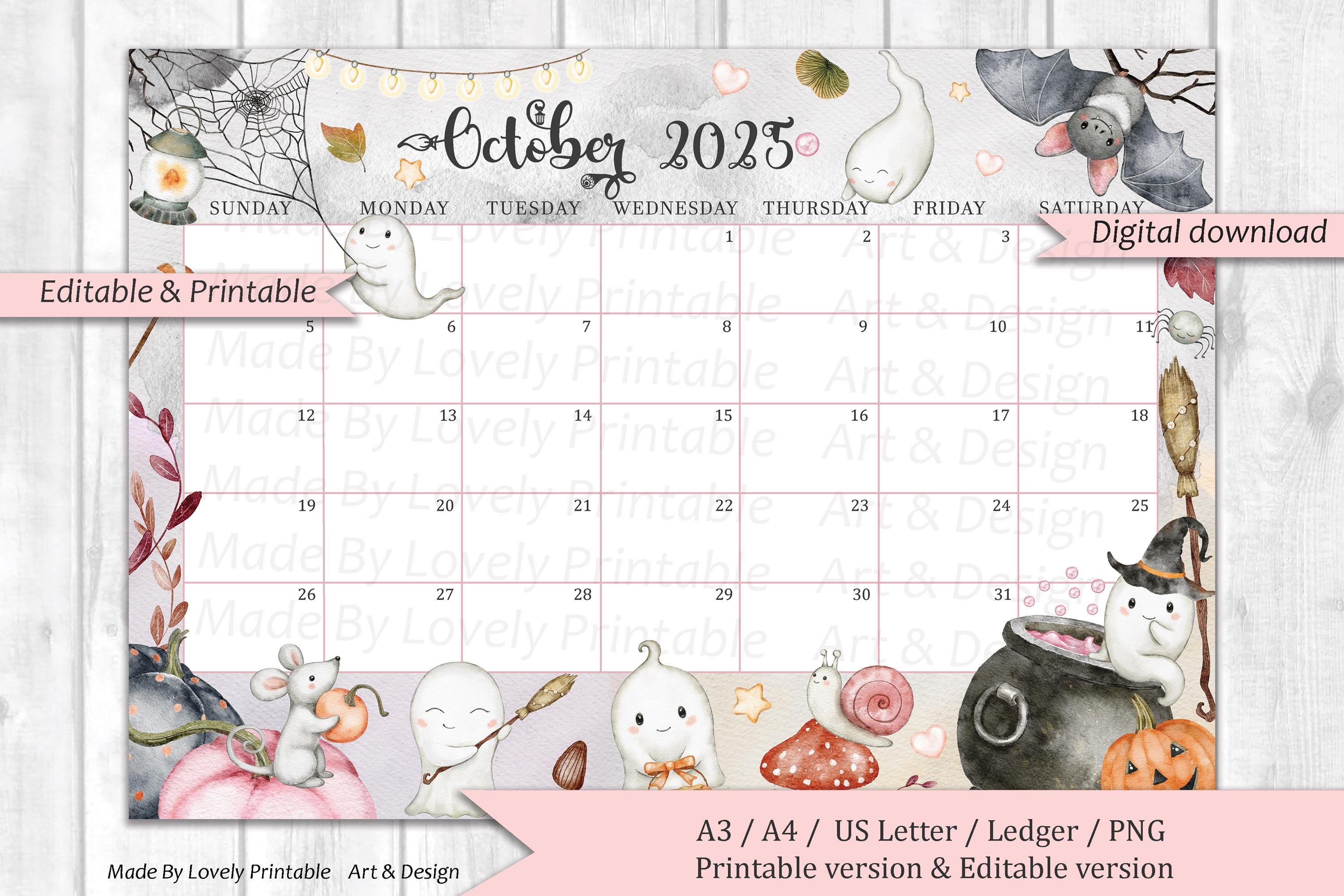 EDITABLE October 2025 Calendar, Happy Spooky Halloween Planner ...