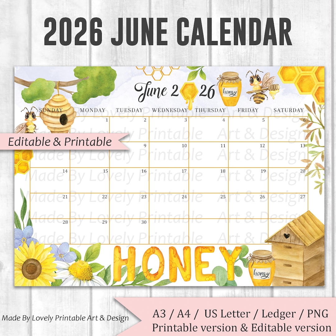 EDITABLE June Calendar, Printable Cute Bee and Honey Planner, Printable ...