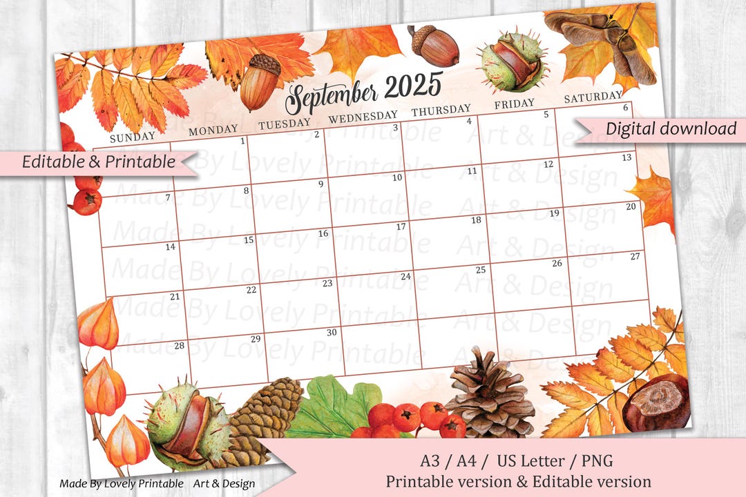 EDITABLE September 2025 Calendar, Cozy Autumn Mood, Beautiful Fall ...