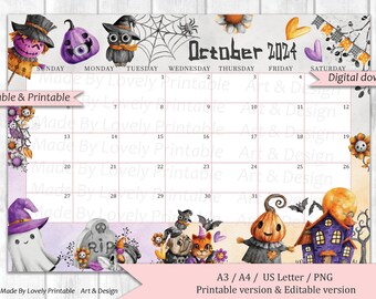 Editable October 2024 Calendar, Spooky Halloween Digital Download ...