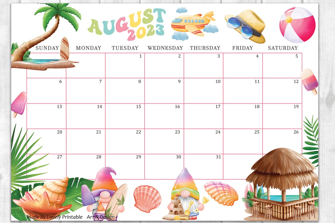 EDITABLE August Calendar Hello Summer With Cute Gnome - Etsy