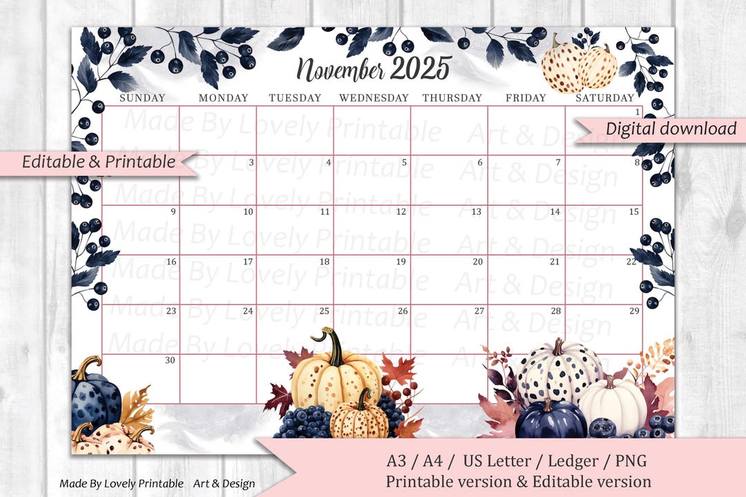 EDITABLE November 2025 Calendar, Watercolor Thanksgiving Day, Pumpkins ...