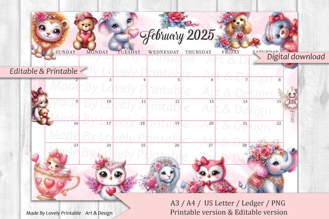 EDITABLE February 2025 Calendar, Happy Valentine With Cute Dolls ...