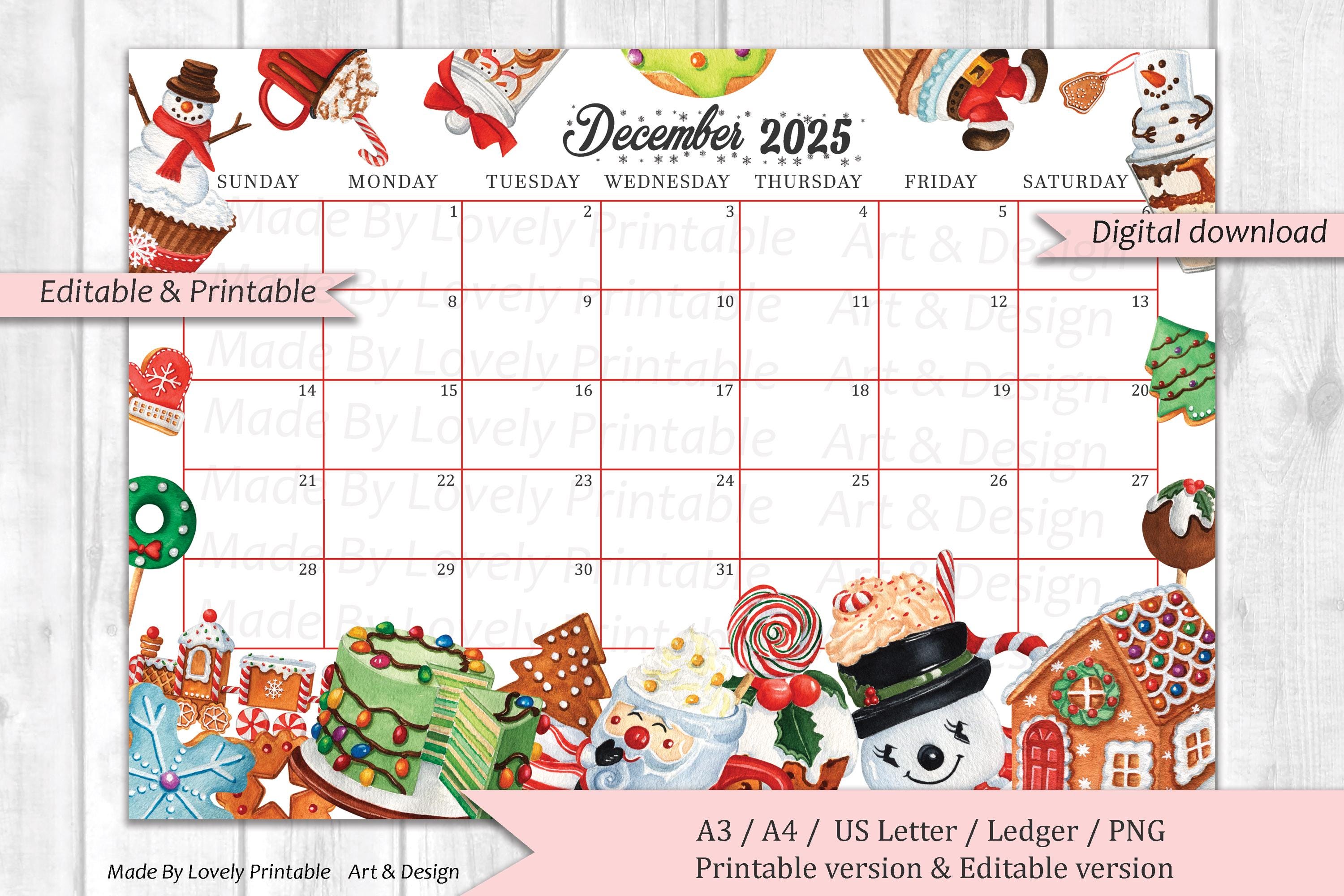 EDITABLE December 2025 Calendar, Christmas Sweets & Drinks, Printable ...