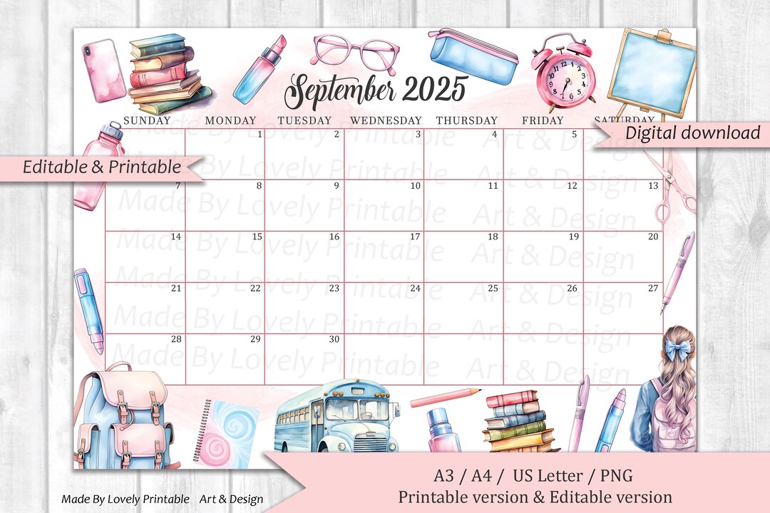 EDITABLE September 2025 Calendar, Cute Back to School Planner, Calendar ...