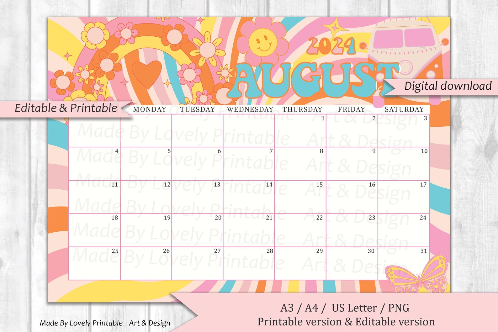EDITABLE August 2024 Calendar, Retro Aesthetic 70s Daisy, Retro Styled ...