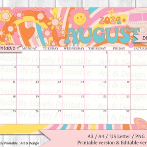 EDITABLE August 2024 Calendar, Retro Aesthetic 70s Daisy, Retro Styled ...