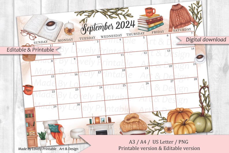 EDITABLE September 2024 Calendar, Cozy Autumn Mood, Beautiful Fall ...