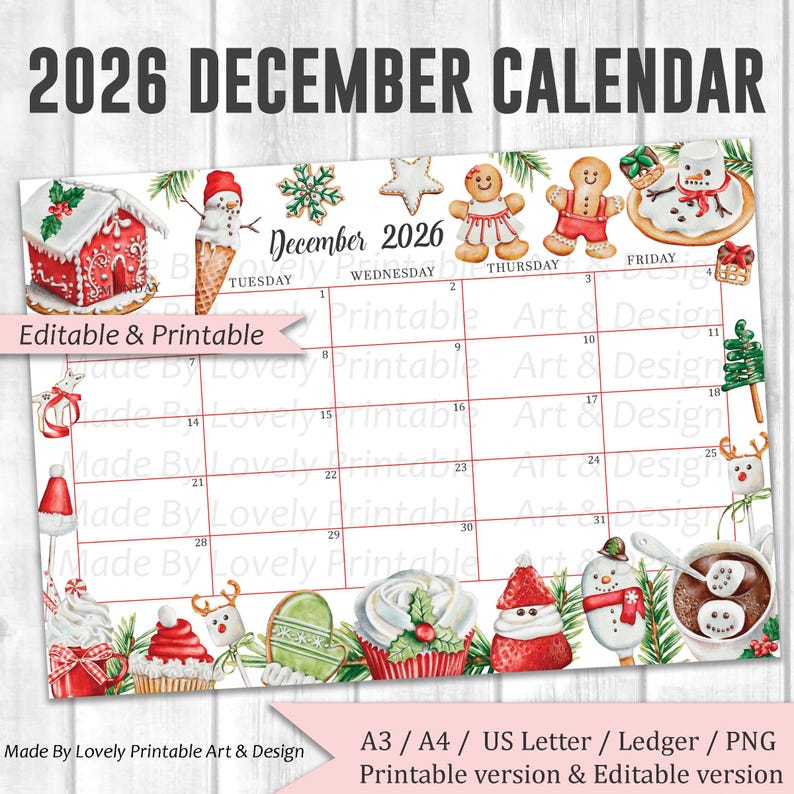 EDITABLE December 2026 Calendar, Christmas Sweets & Drinks, (mon-fri ...