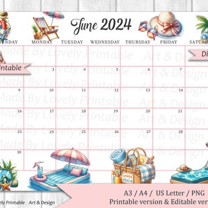 EDITABLE June Calendar, Summer Beach, Joyful & Colorful Summer at the ...
