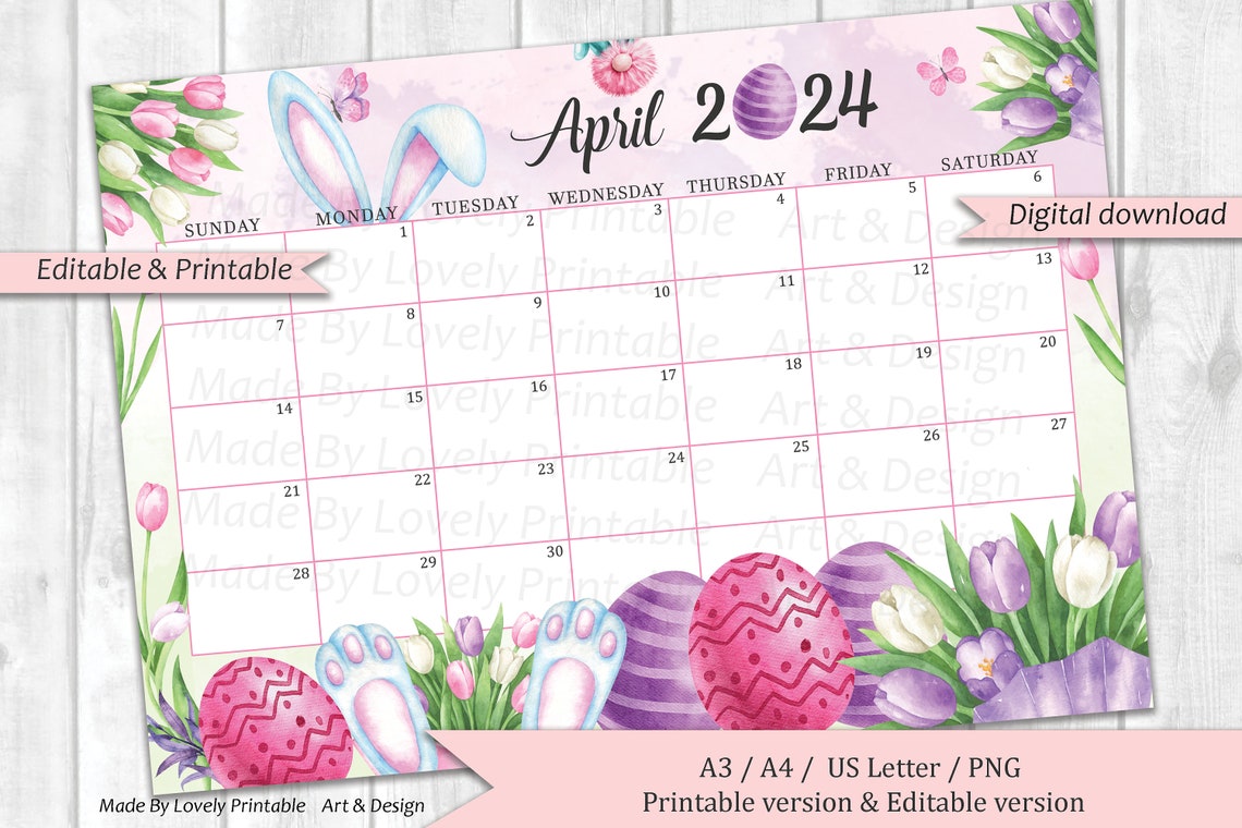 EDITABLE April 2024 Calendar, Monthly Planner, Happy Easter Day, Cute ...