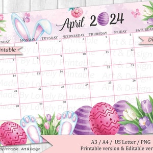 EDITABLE April 2024 Calendar, Monthly Planner, Happy Easter Day, Cute ...