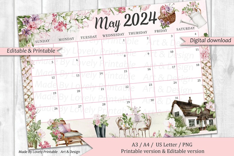 EDITABLE May 2023 Calendar, English Garden, Spring Vibe, Monthly ...