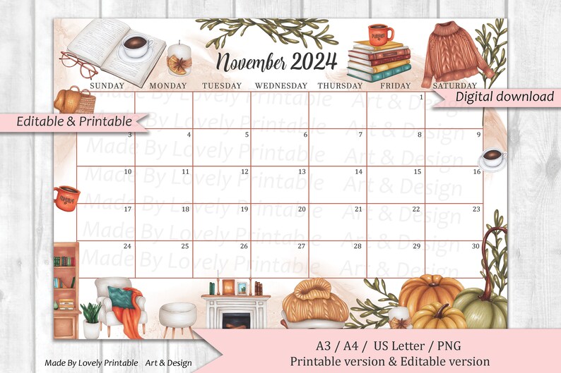 EDITABLE November 2024 Calendar, Cozy Autumn Mood, Beautiful Fall ...