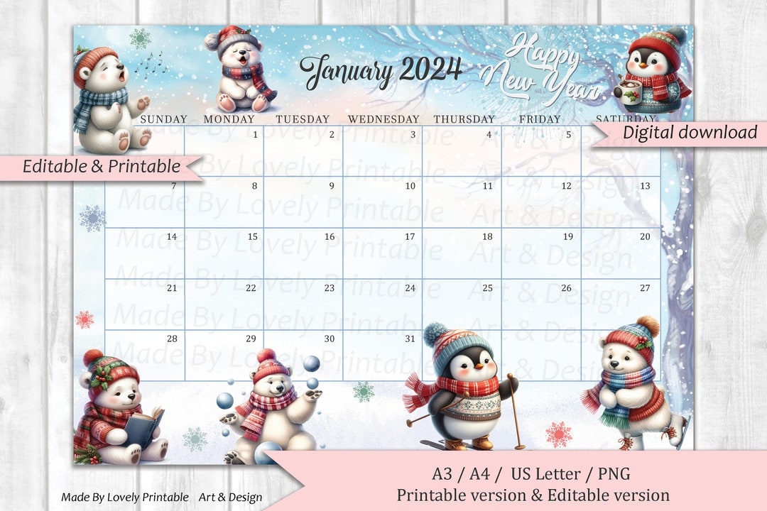 Editable January 2024 Calendar, Beautiful Funny Animal Winter, Happy ...