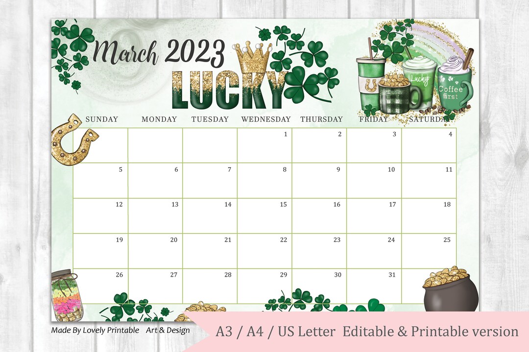 EDITABLE March 2023 Calendar Happy St.patrick's Day With - Etsy