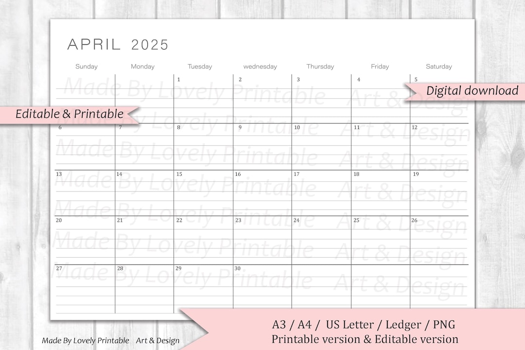Printable Fillable April Calendar 2025, Planner April 2025, Minimalist ...