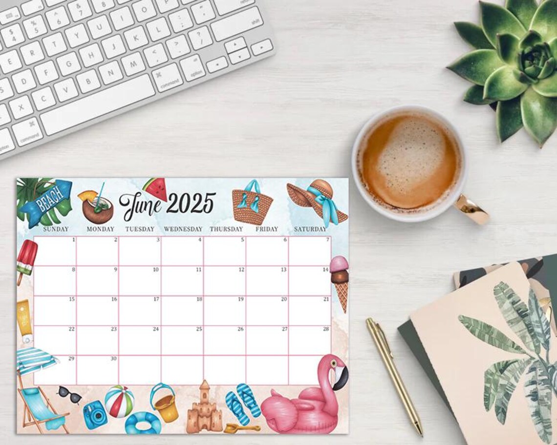 EDITABLE June Calendar, Summer at the Beach With Cute Sun and Fresh ...