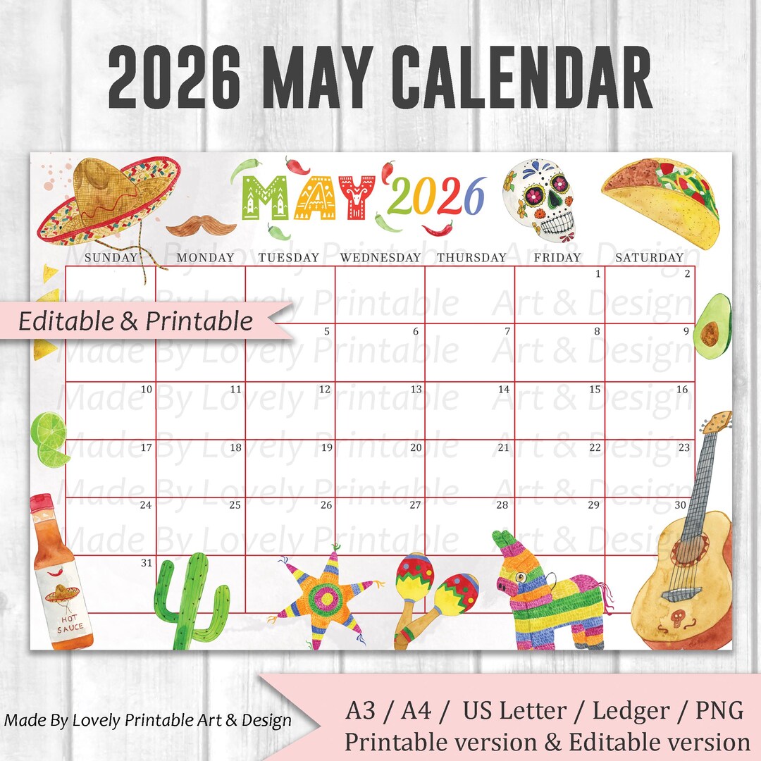 EDITABLE May 2026 Calendar, Cinco De Mayo Planner, Monthly Planner ...