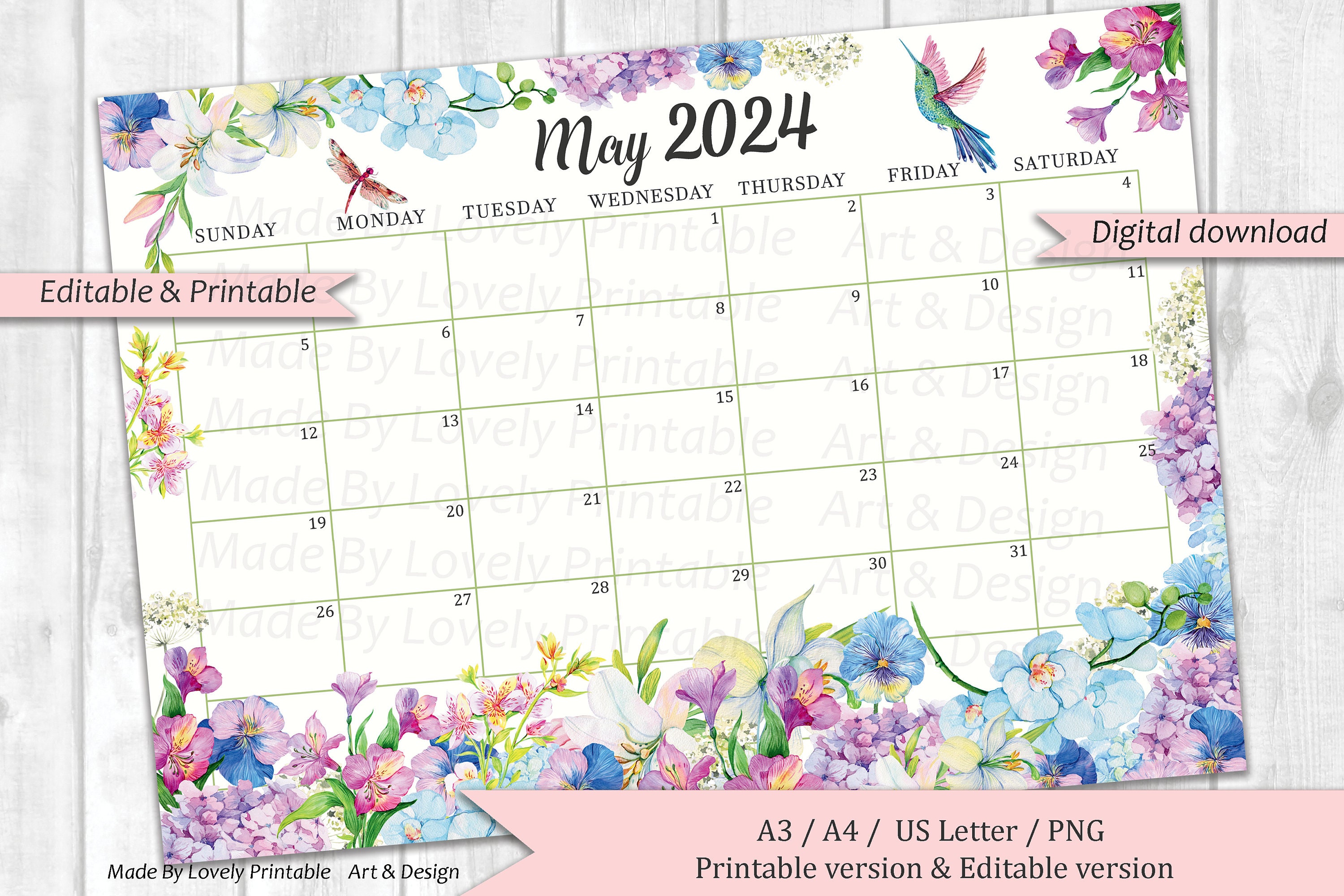 EDITABLE MAY 2024 Calendar, Watercolor Spring Flowers, Garden Scenery ...