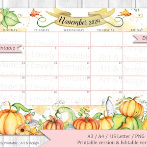 EDITABLE November 2024 Calendar, Happy Thanksgiving Pumpkins Watercolor ...