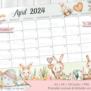 EDITABLE April 2024 Calendar, Monthly Planner, Happy Easter Day, Cute ...