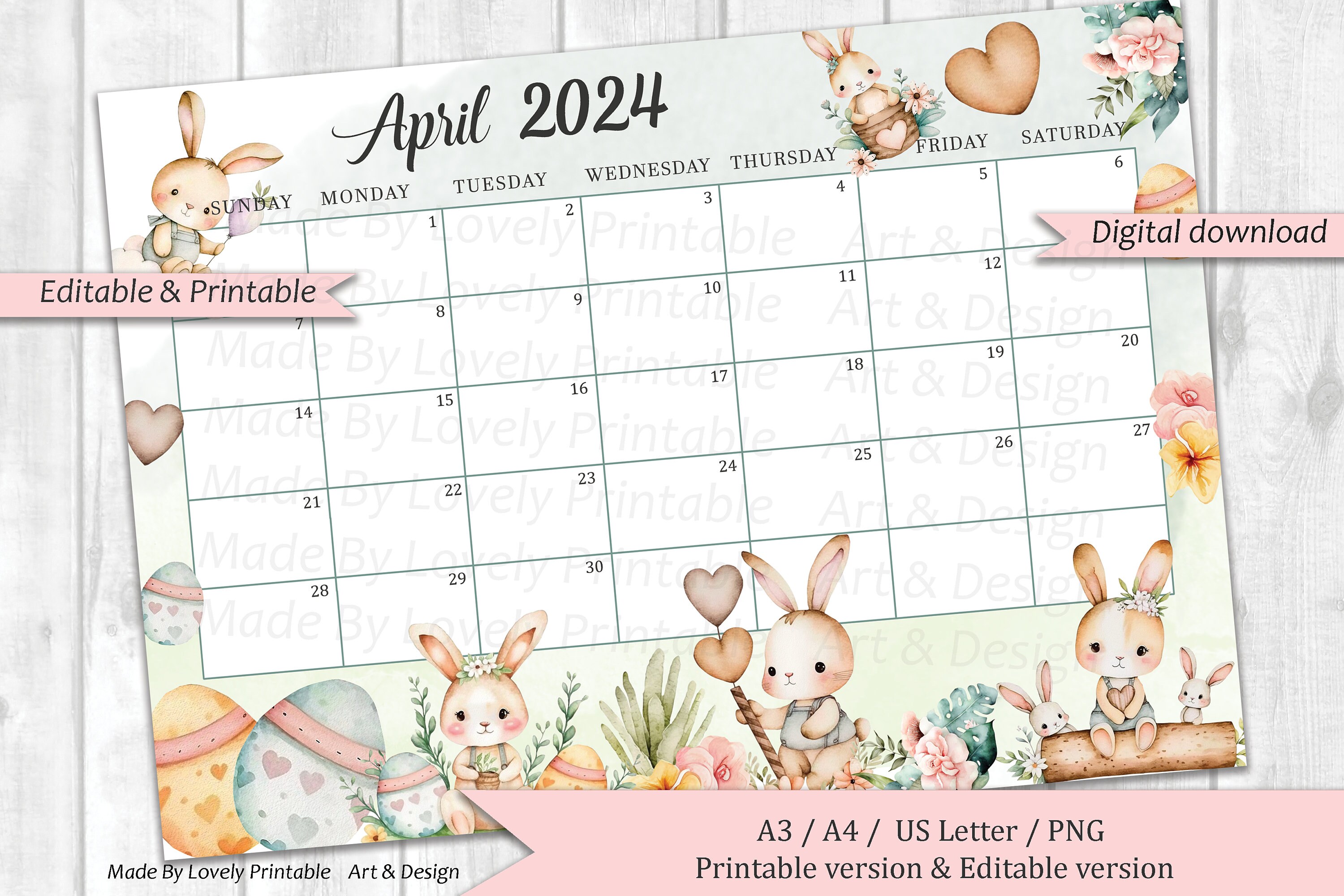 EDITABLE April 2024 Calendar, Monthly Planner, Happy Easter Day, Cute ...