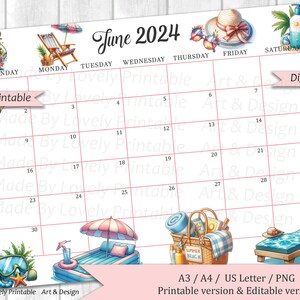 EDITABLE June Calendar, Summer Beach, Joyful & Colorful Summer at the ...