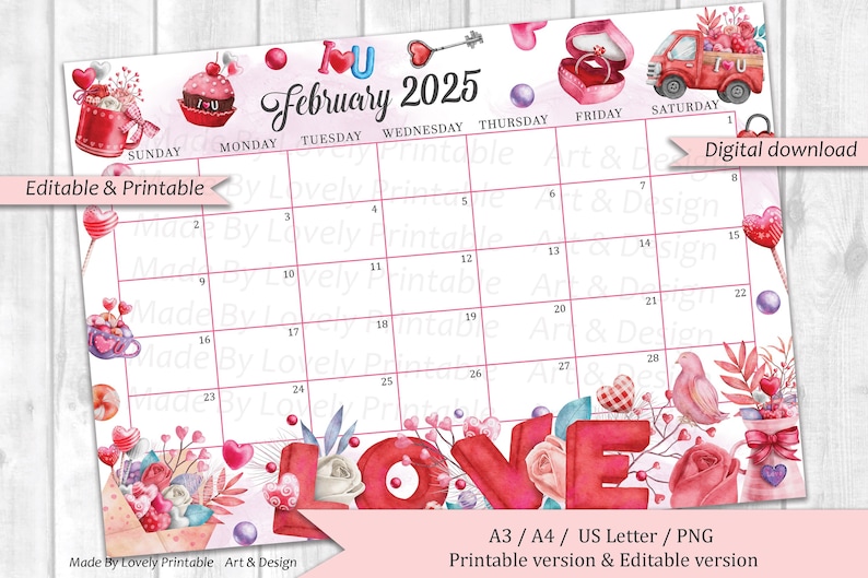 EDITABLE February 2025 Calendar, Happy Valentine With Love Gnomes ...