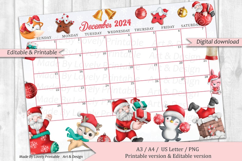 EDITABLE December Calendar, Funny Christmas, Santa & Deer and Pinguin ...
