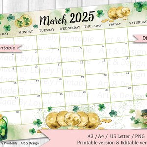 EDITABLE March 2025 Calendar, Happy St.patrick's Day Planner, Printable ...