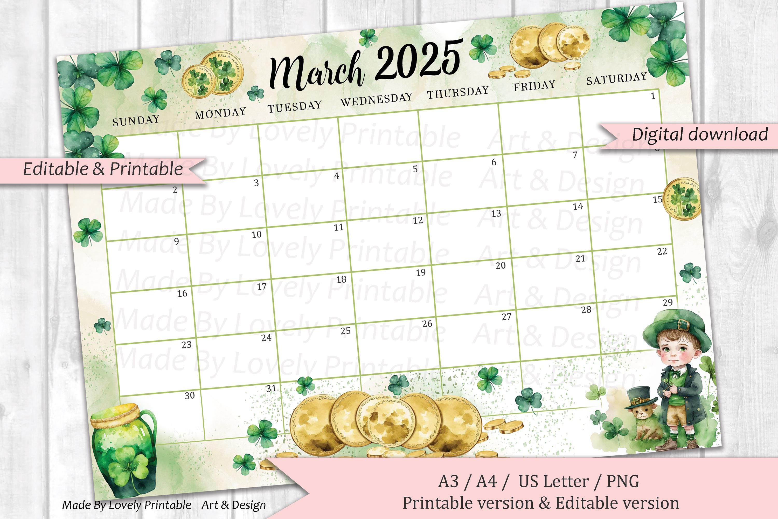 EDITABLE March 2025 Calendar, Happy St.patrick's Day Planner, Printable ...