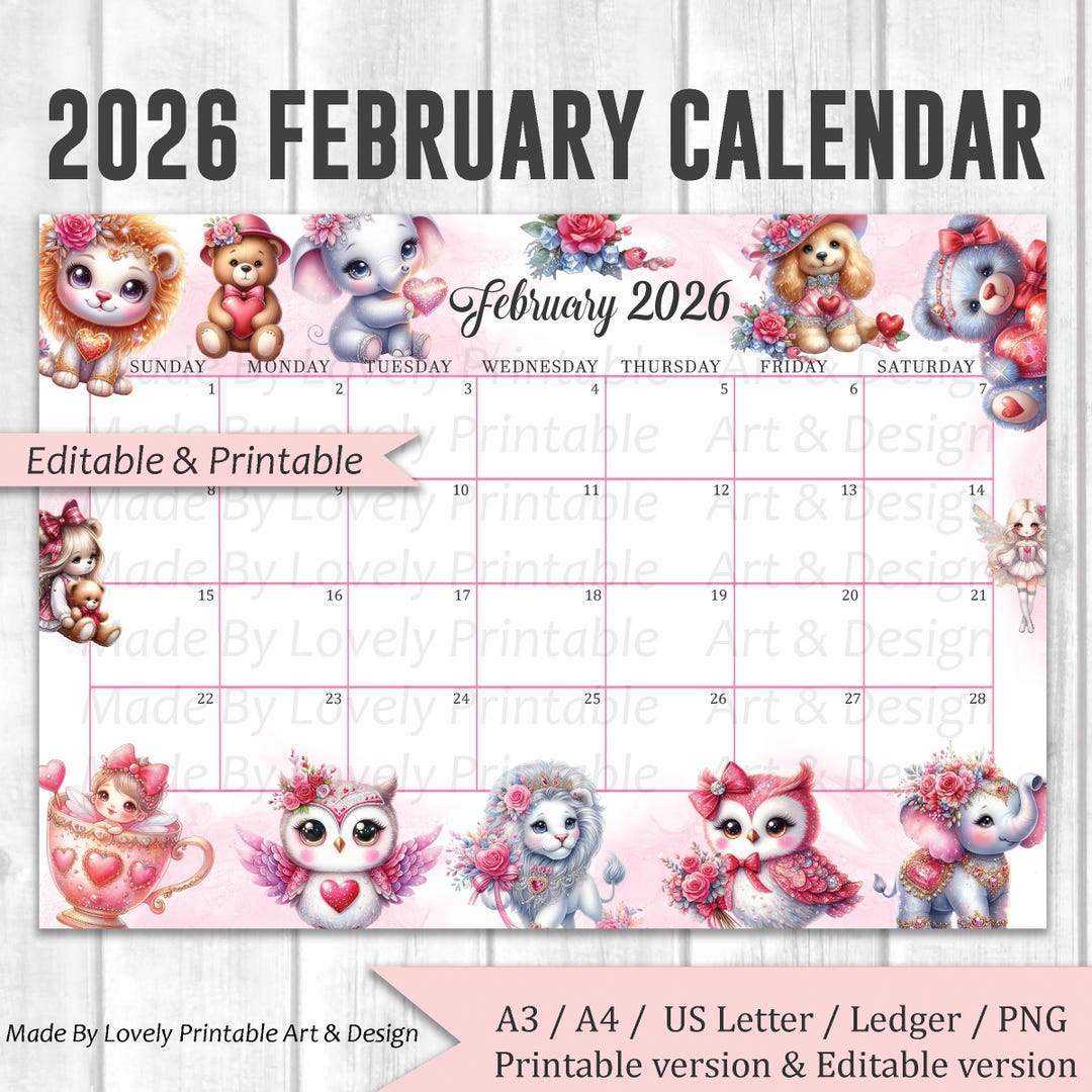 EDITABLE February 2026 Calendar, Happy Valentine With Cute Dolls ...