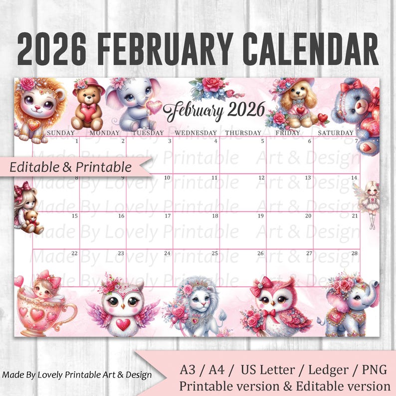 EDITABLE February 2026 Calendar, Happy Valentine With Cute Dolls ...