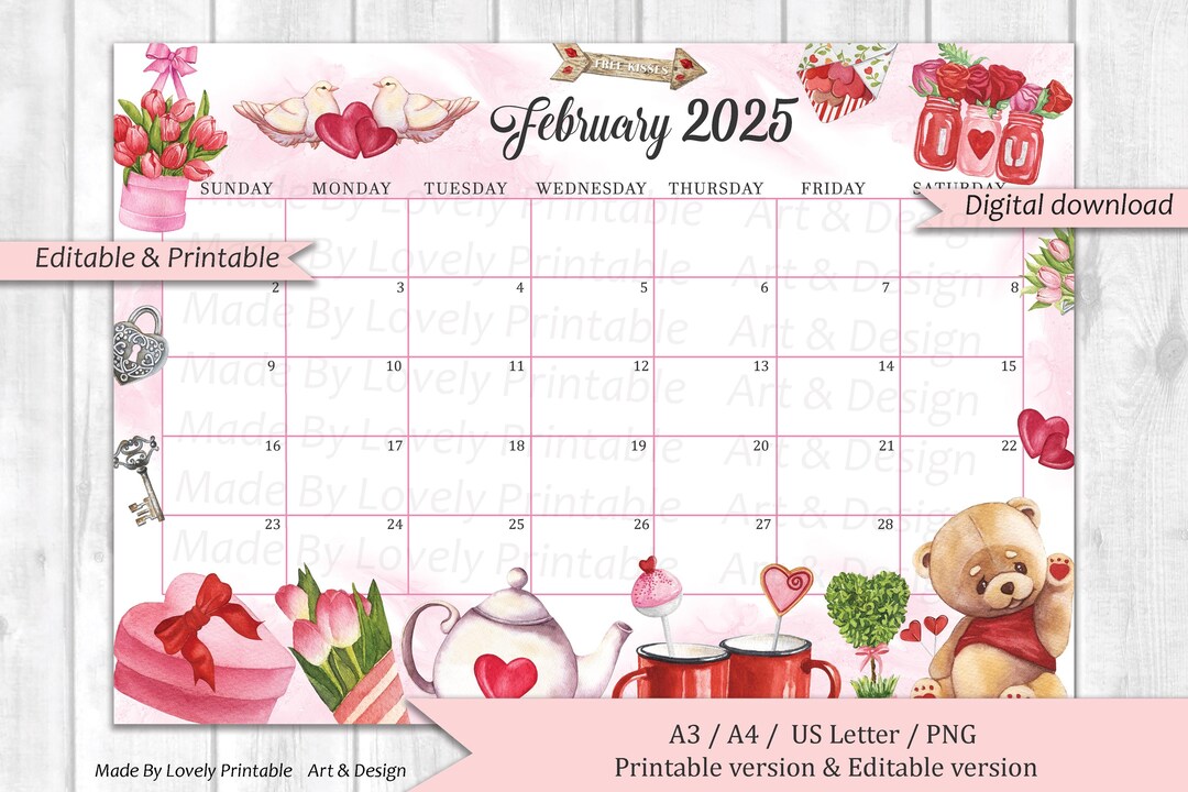 EDITABLE February 2025 Calendar, Happy Valentine With Love Heart & Bear ...
