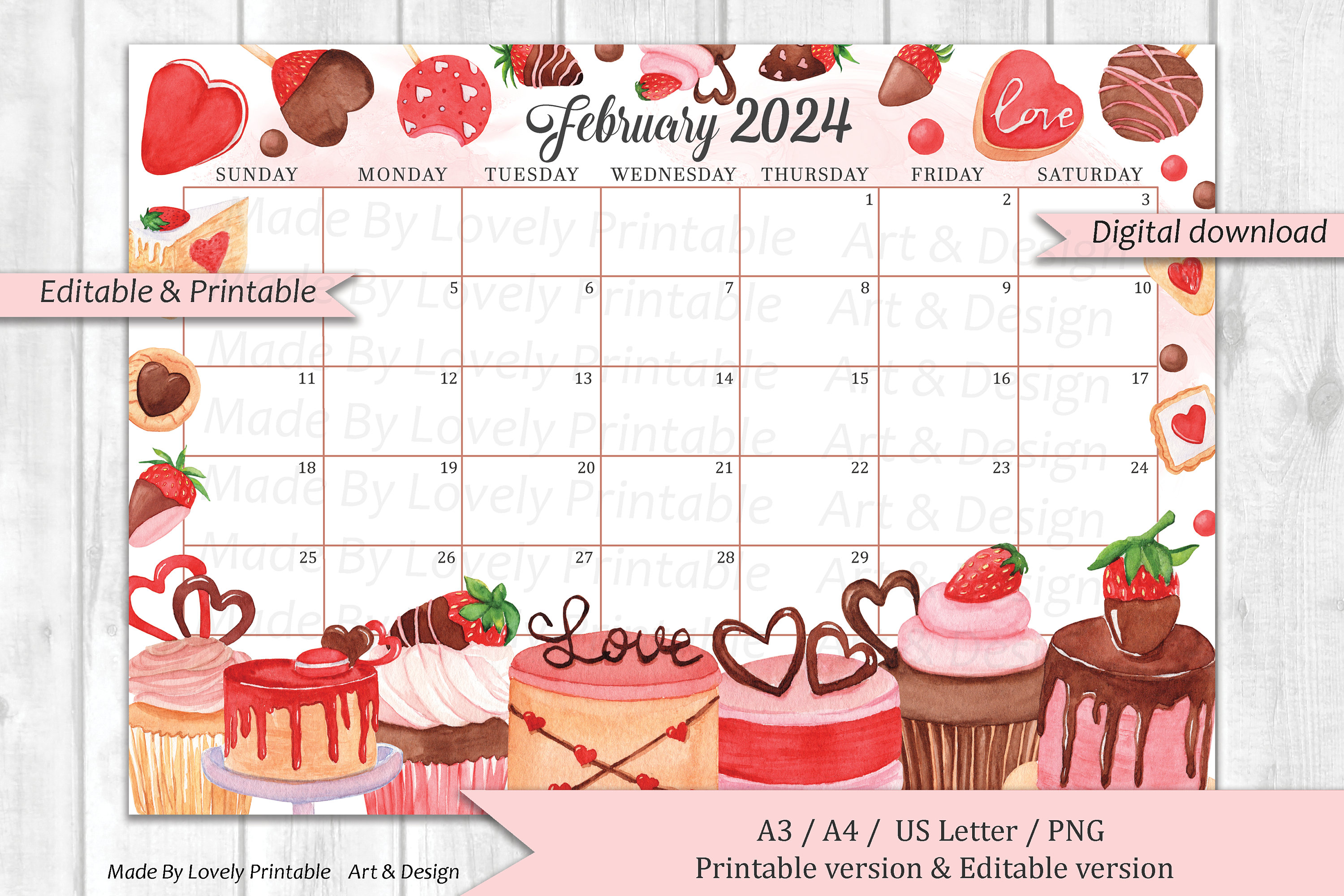 EDITABLE February 2024 Calendar, Happy Valentine With Sweet Treats ...