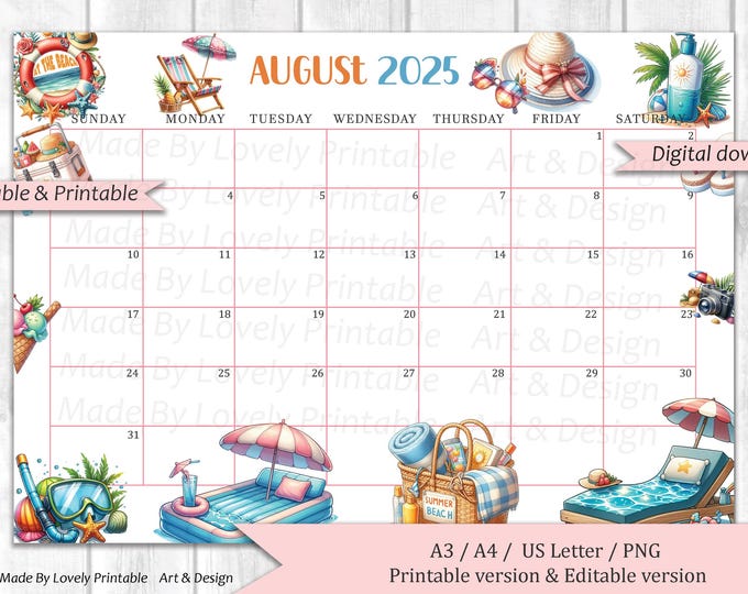 EDITABLE August 2025 Calendar, Cute Blue Butterflies Summer, Pretty ...
