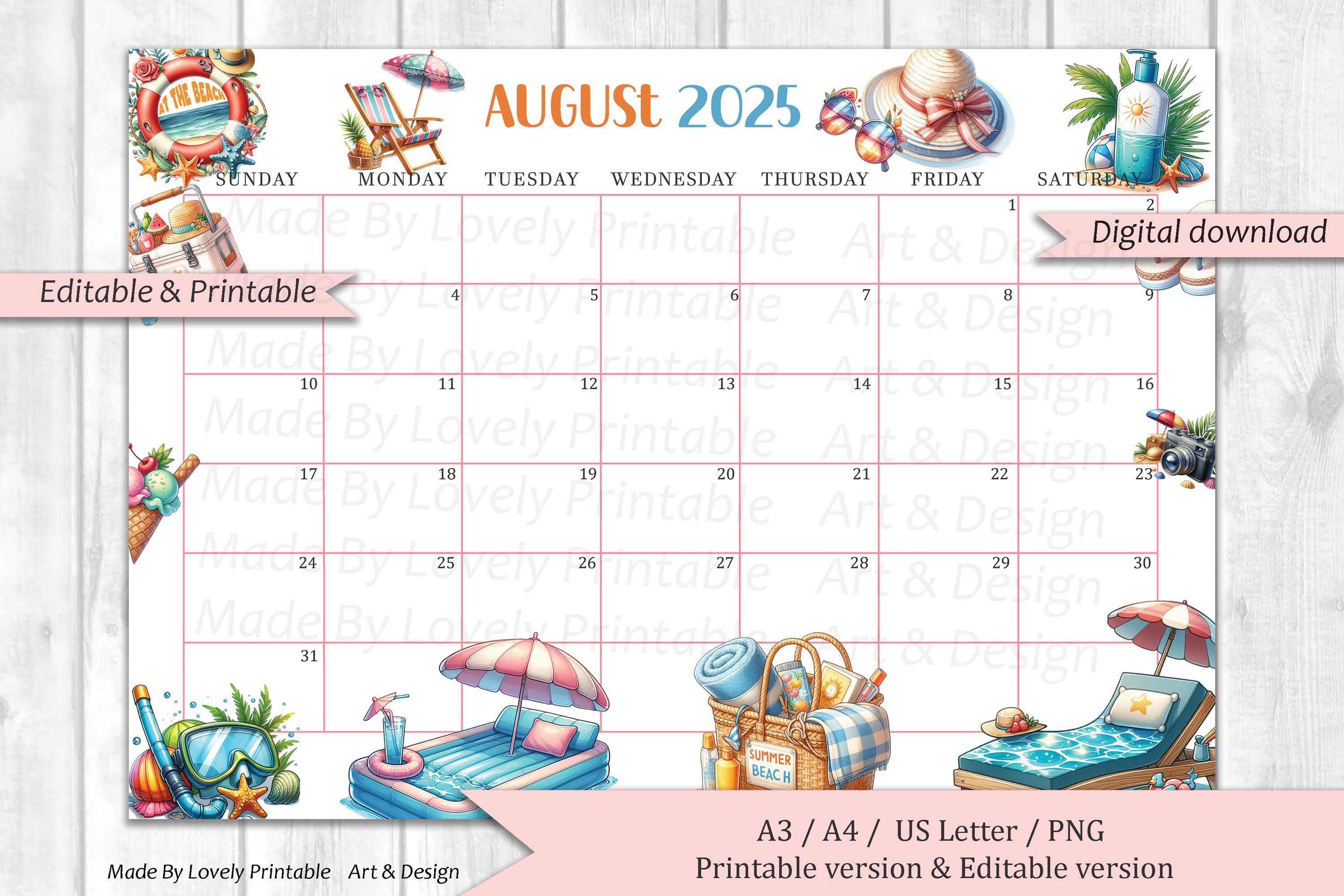 EDITABLE August 2025 Calendar, Cute Summer and Beach, Calendar for Home ...