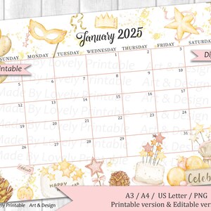 EDITABLE January 2025 Calendar, New Year Celebration, Kids School ...