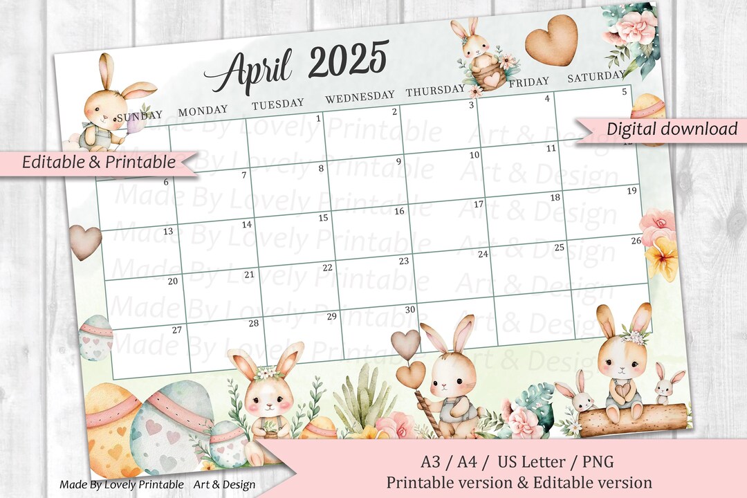 EDITABLE April 2025 Calendar, Monthly Planner, Happy Easter Day, Cute ...