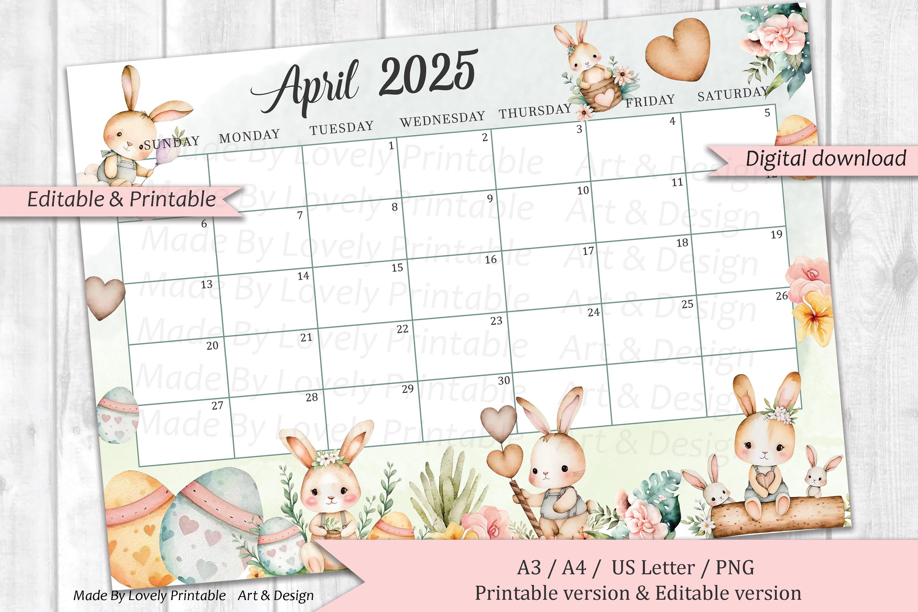 EDITABLE April 2025 Calendar, Monthly Planner, Happy Easter Day, Cute ...