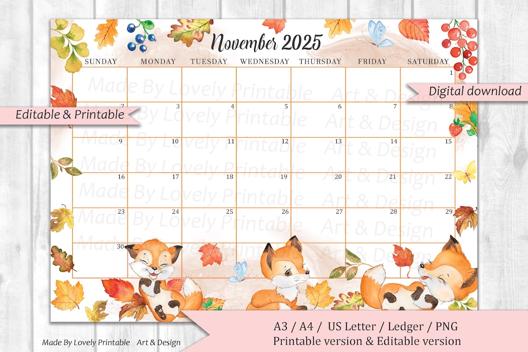 EDITABLE November 2025 Calendar, Cute Watercolor Fox, Forest Animal ...