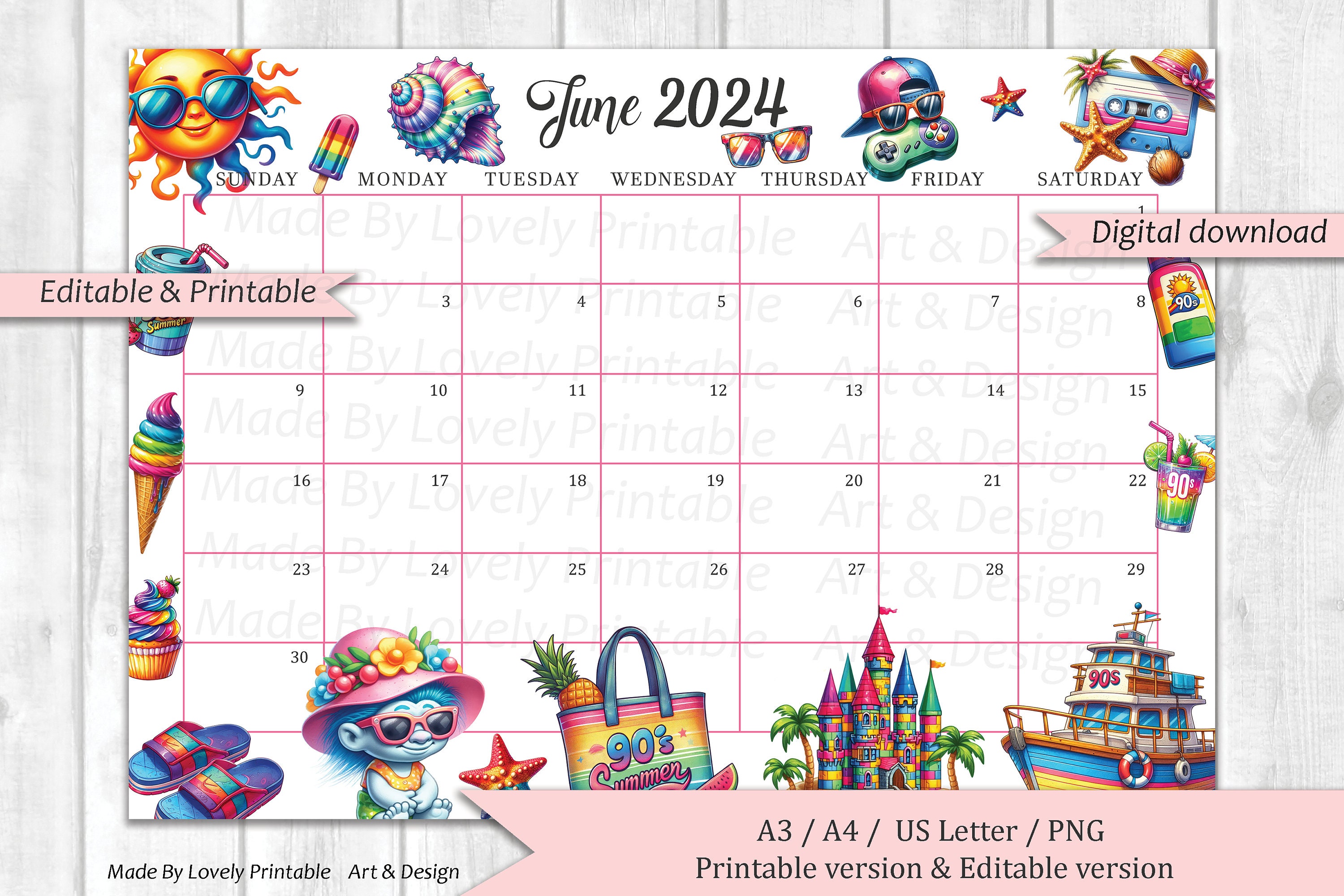 EDITABLE June Calendar, 90s Summer Beach, Joyful & Colorful Summer at ...