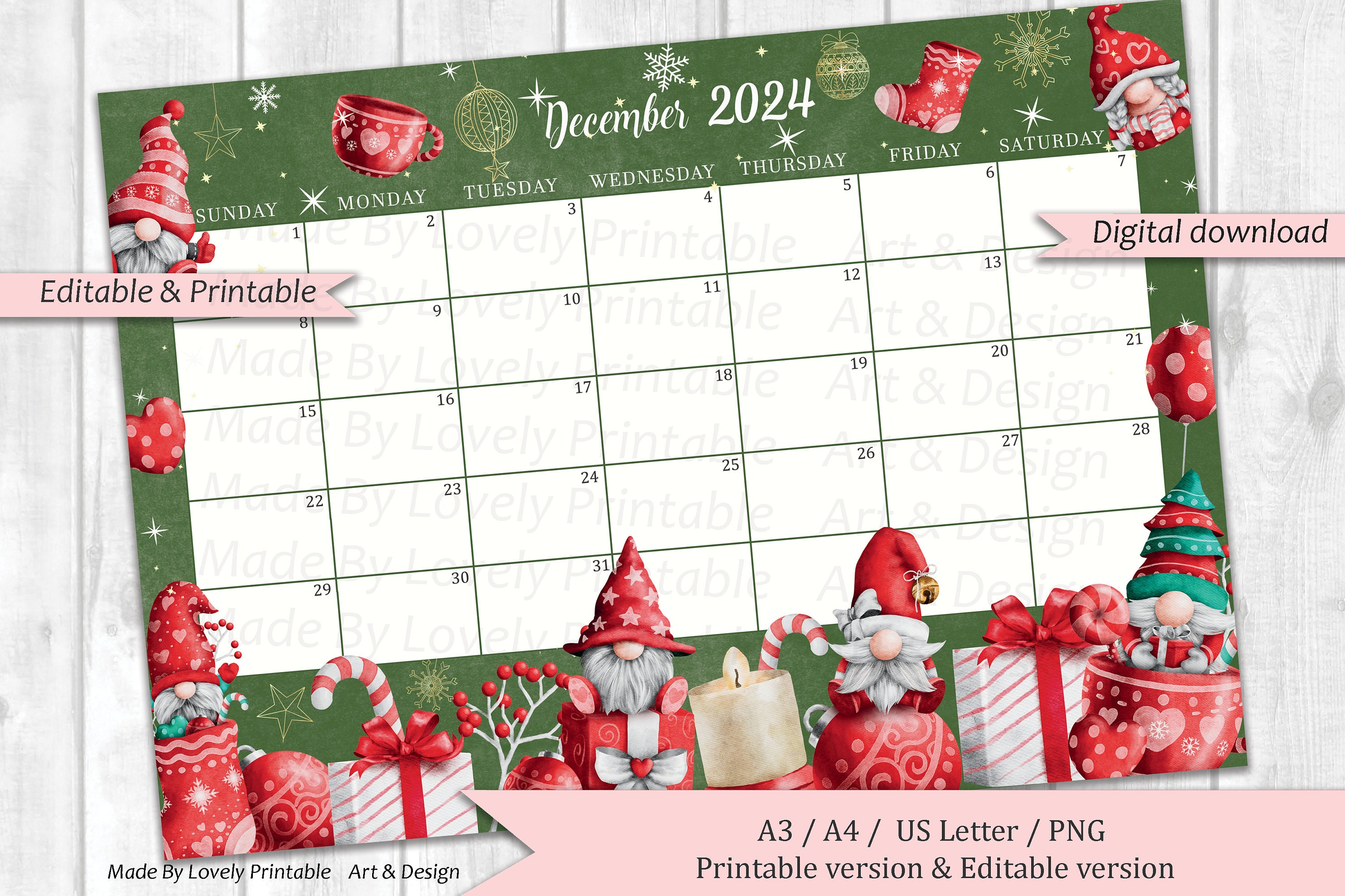 Calendario de diciembre de 2024 editable, feliz y alegre Navidad ...