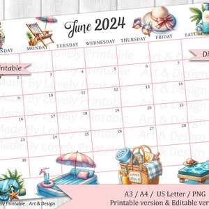 EDITABLE June Calendar, Summer Beach, Joyful & Colorful Summer at the ...