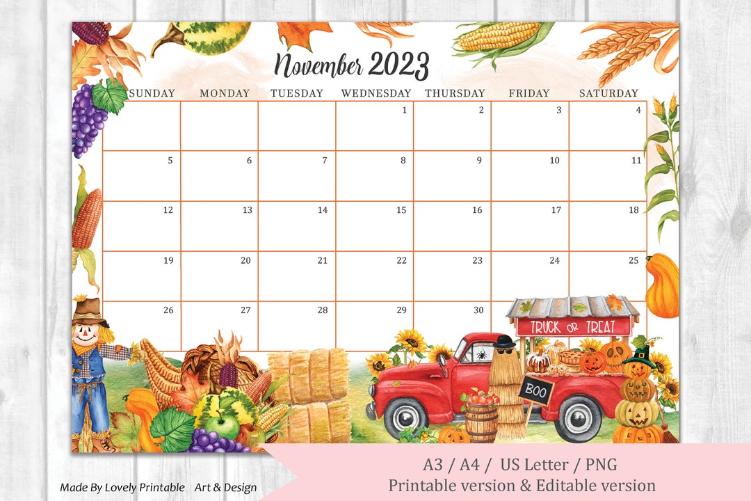 Calendario EDITABLE noviembre 2023 Día de Acción de Gracias - Etsy España