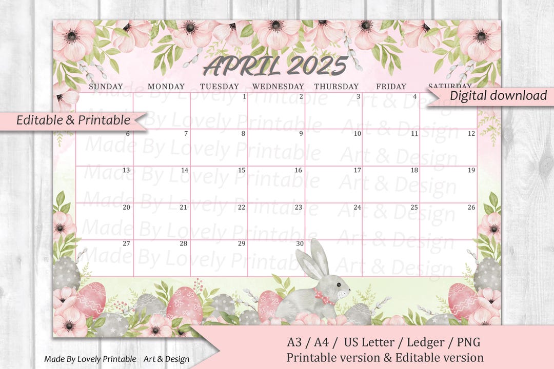 EDITABLE April 2025 Calendar, Monthly Planner, Happy Easter Day ...