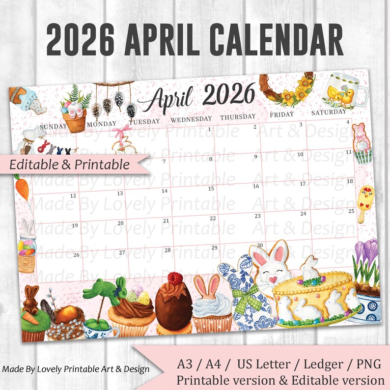 EDITABLE April 2026 Calendar, Happy Easter Day With Cute Bunnies ...