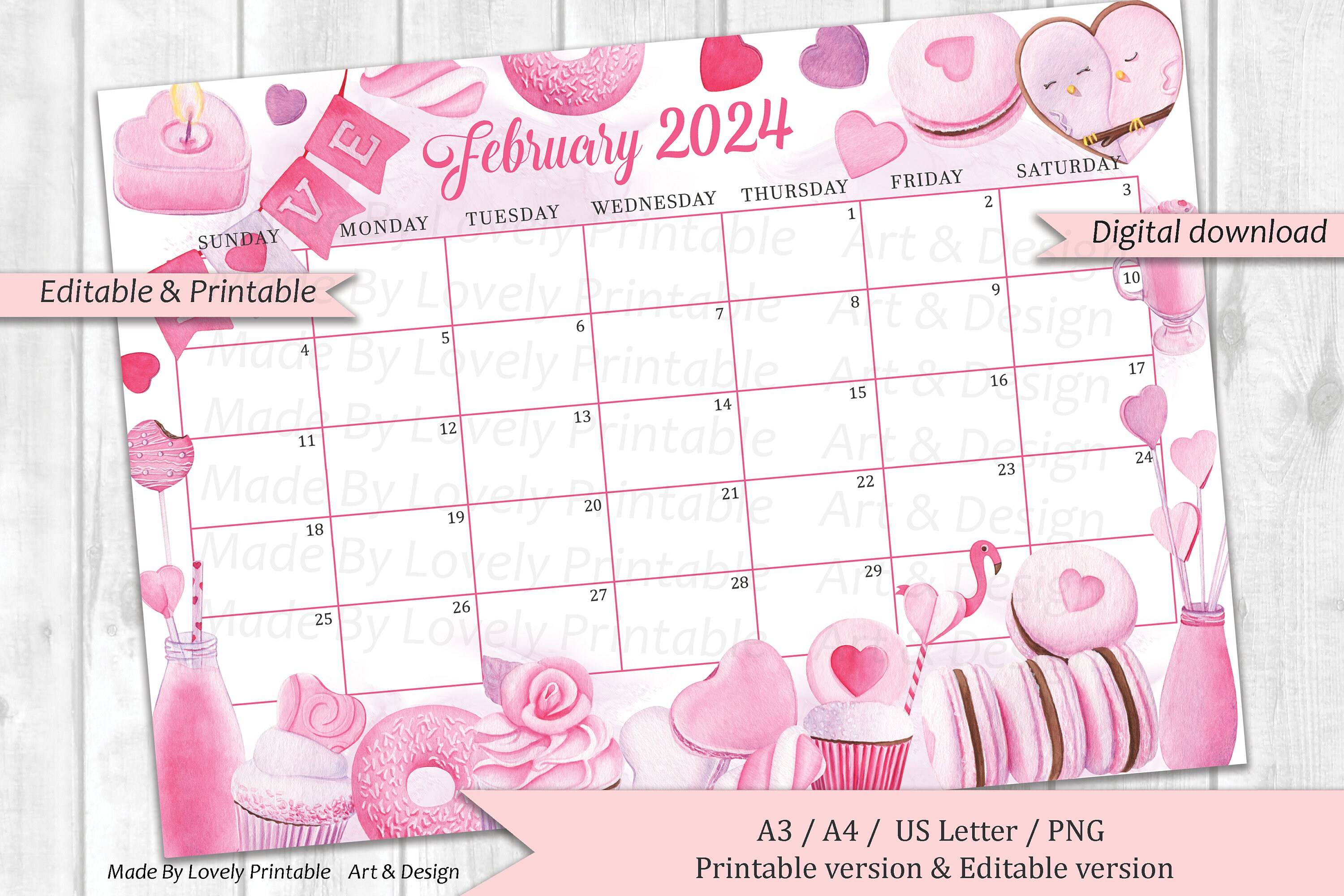 EDITABLE February 2024 Calendar, Happy Valentine, Sweet Treats & Coffee ...